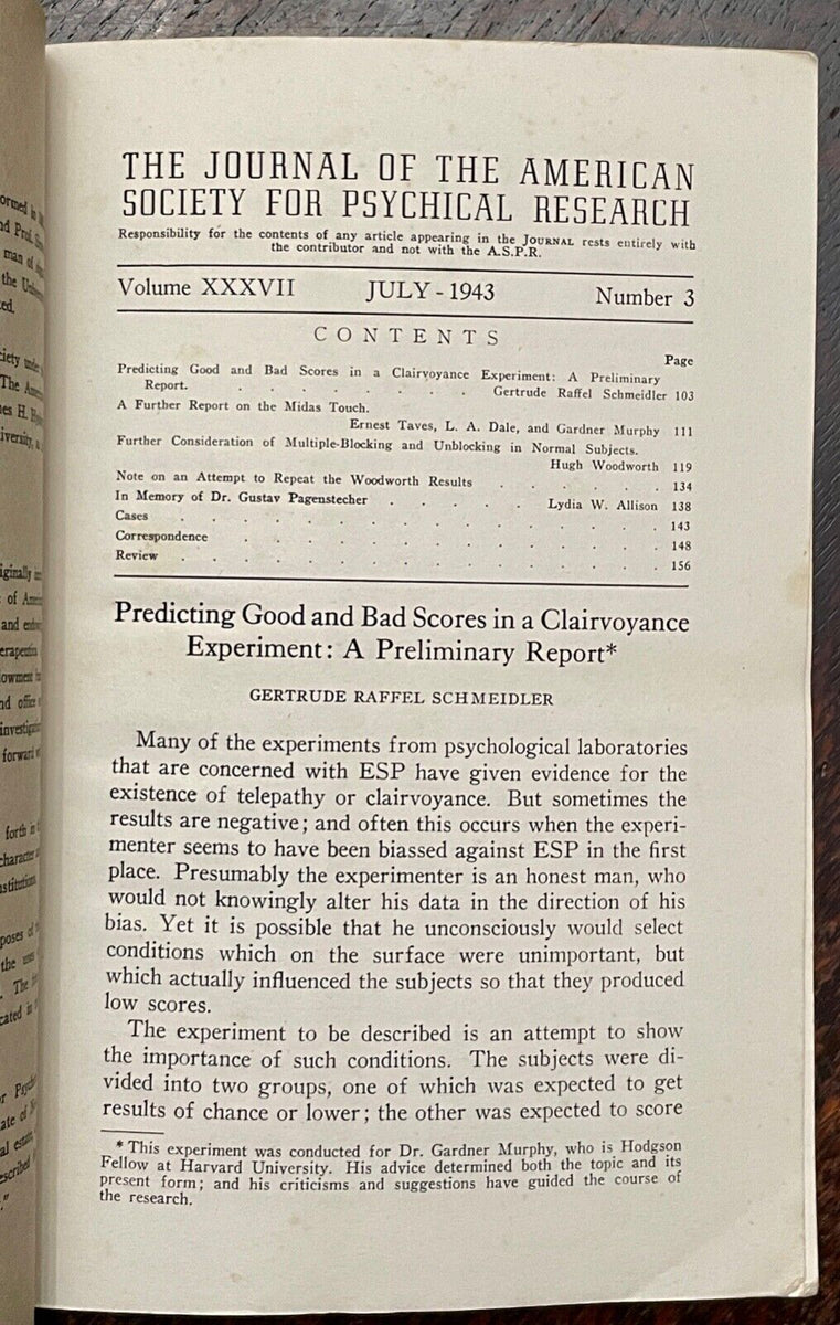 1943 JOURNAL OF AMERICAN SOCIETY FOR PSYCHICAL RESEARCH ASPR - OCCULT ...