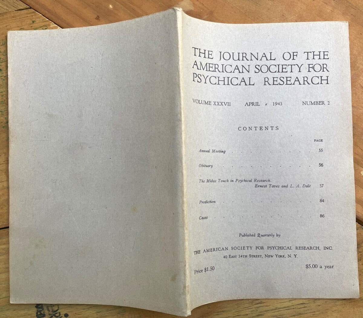 1943 JOURNAL OF AMERICAN SOCIETY FOR PSYCHICAL RESEARCH ASPR - PARANOR ...