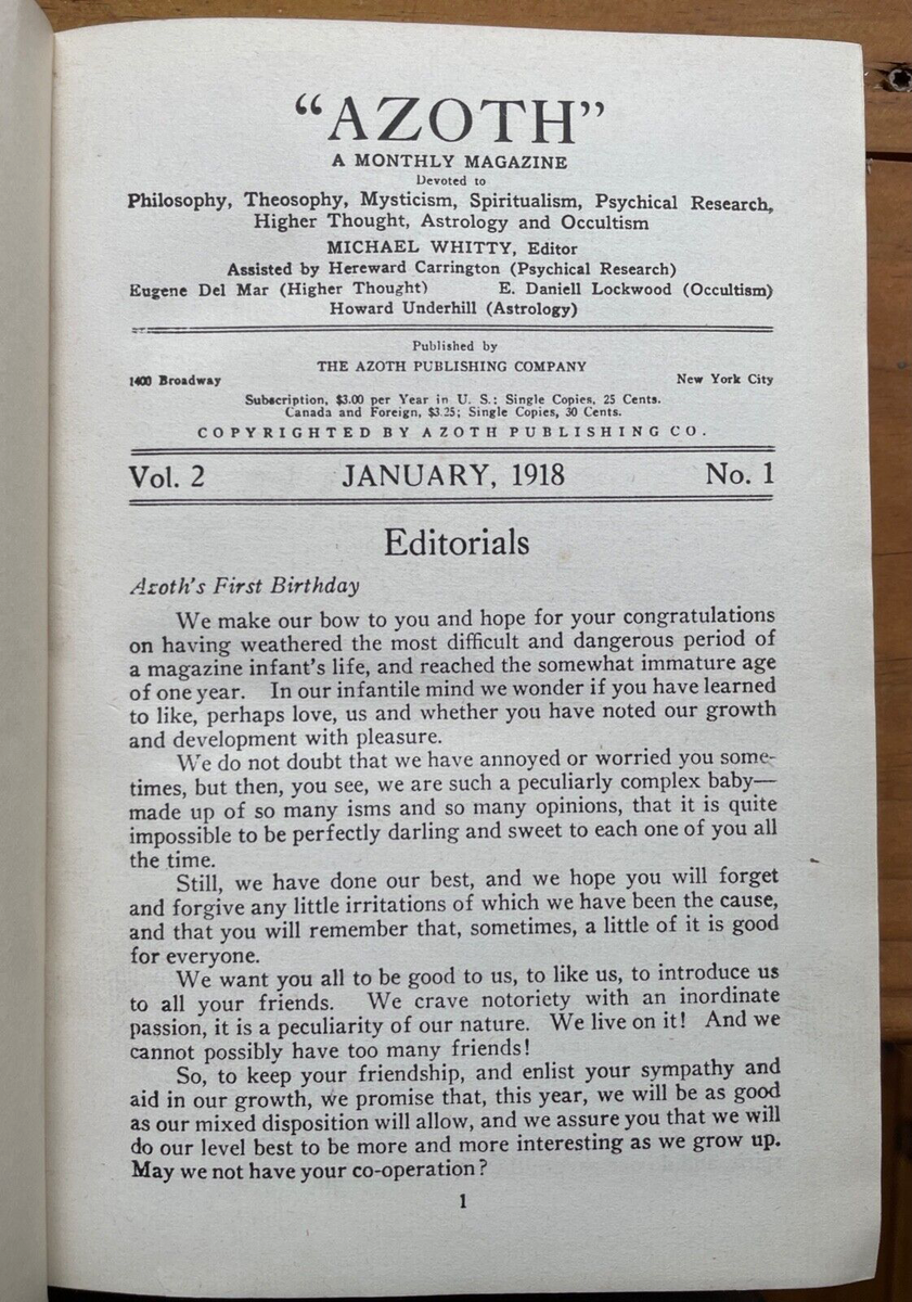 AZOTH MAGAZINE - Jan-June 1918, 6 ISSUES - ASTROLOGY OCCULT MAGICK THE ...