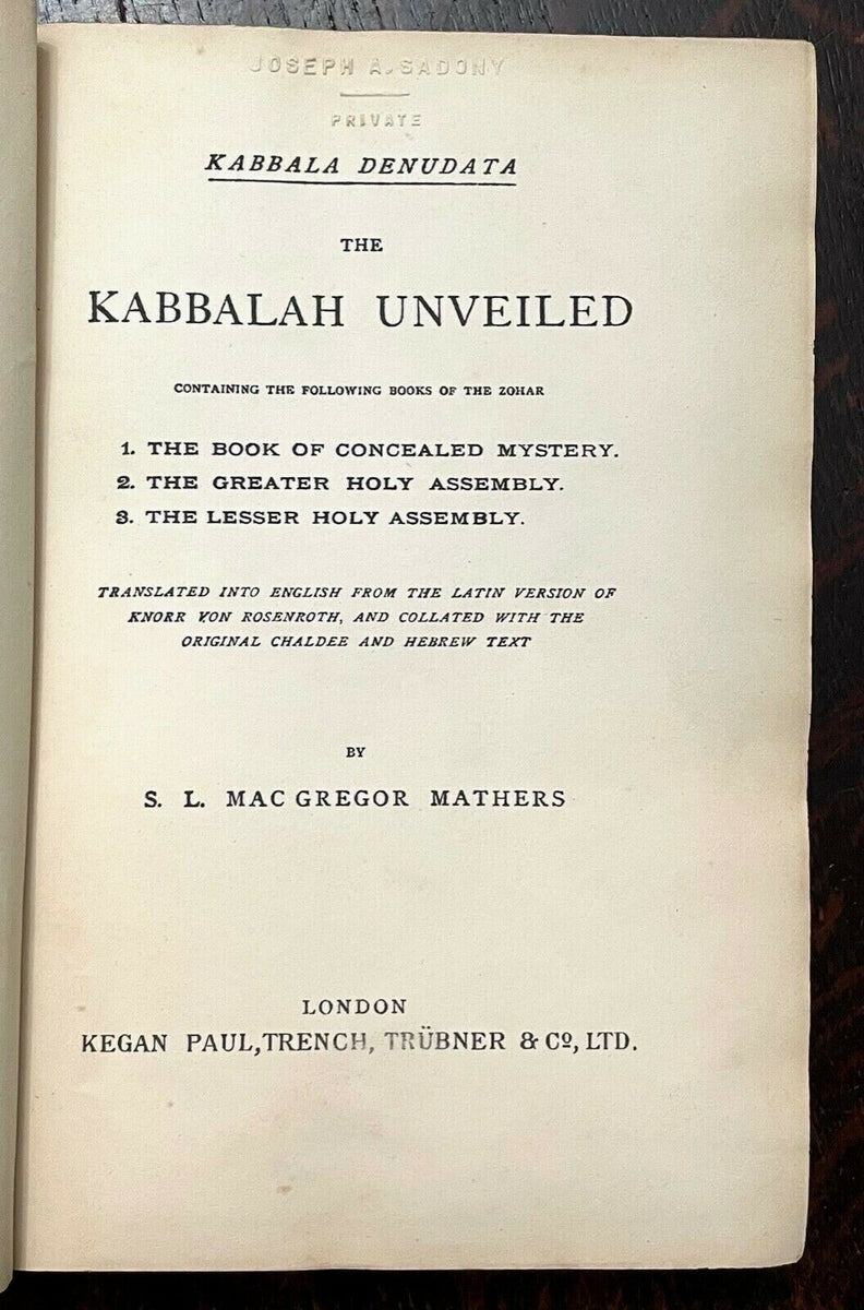 KABBALAH UNVEILED - Mathers, 1st 1887 MAGICK ZOHAR CABBAL KABBALIST GO ...